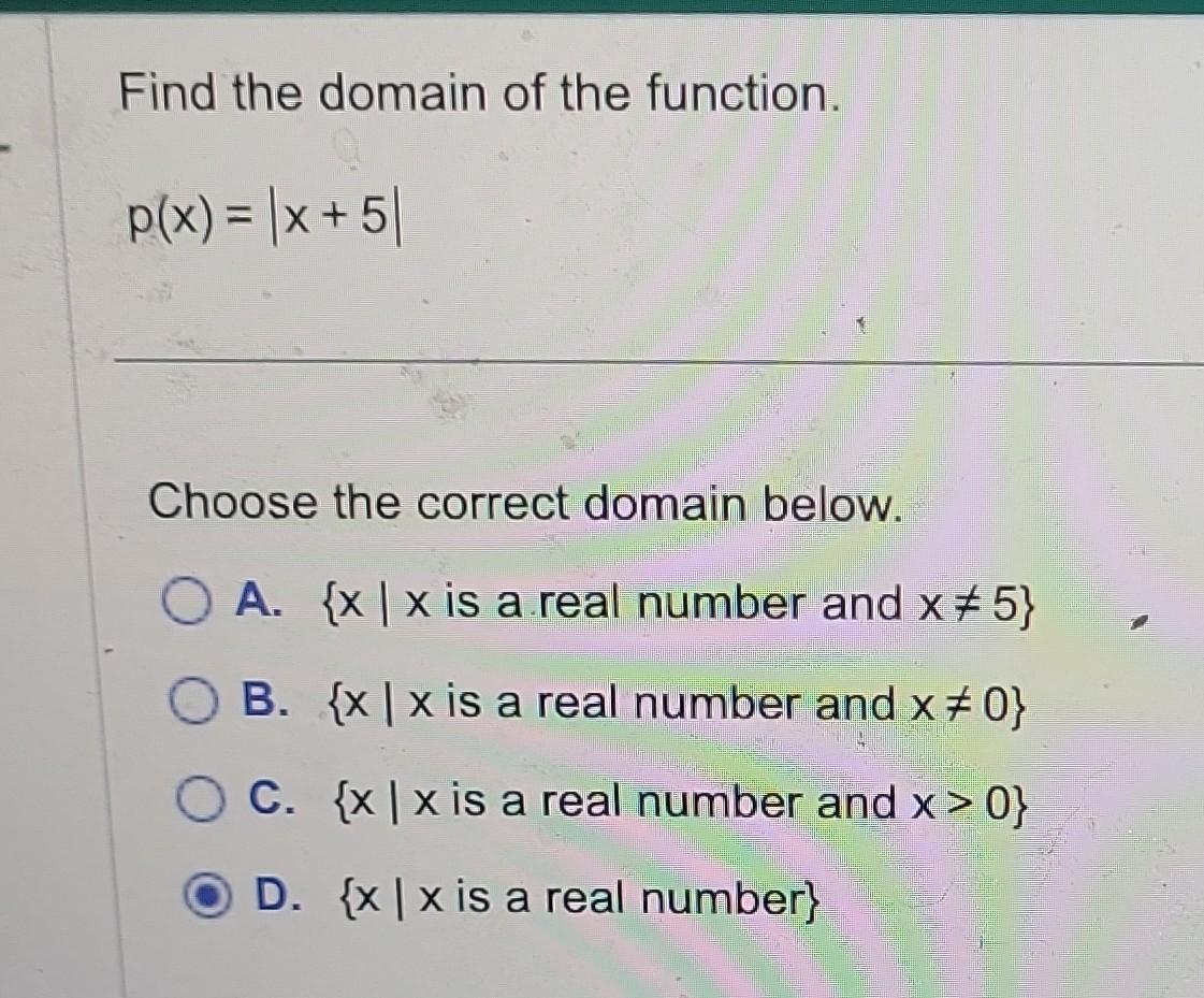Solved Find the domain of the function. p(x)=∣x+5∣ Choose | Chegg.com