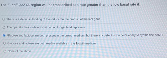 Solved he E. coli lacZYA region will be transcribed at a | Chegg.com