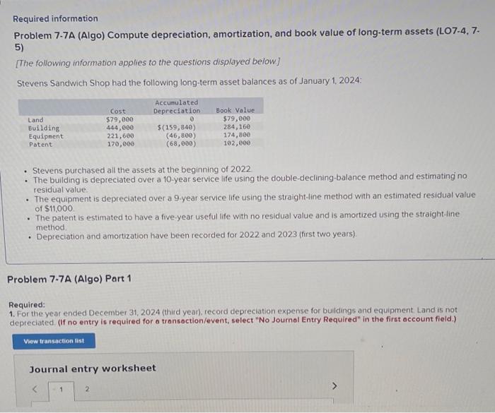 Solved Problem 7-7A (Algo) Compute depreciation, | Chegg.com