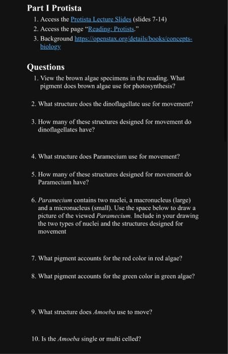 Solved Part I Protista 1. Access the Protista Lecture Slides | Chegg.com