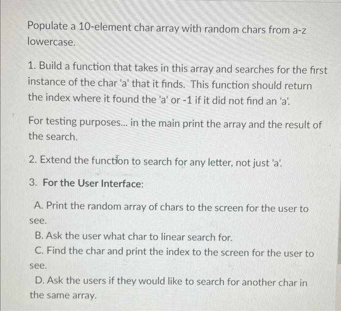 Solved Populate a 10-element char array with random chars | Chegg.com