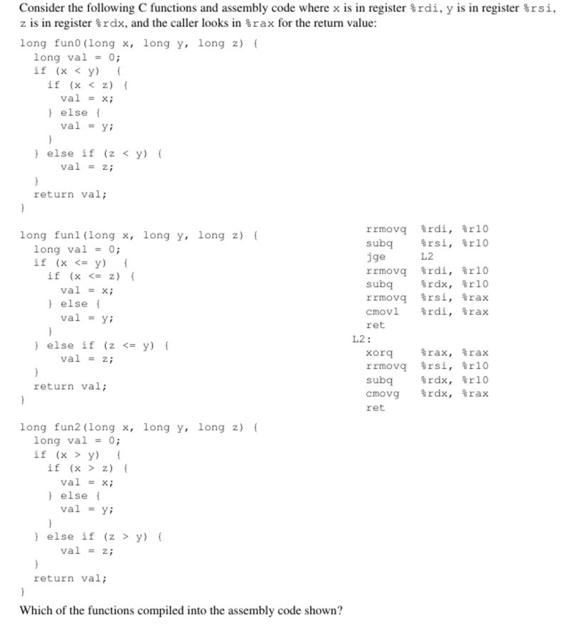 Solved Consider the following C ﻿functions and assembly code | Chegg.com