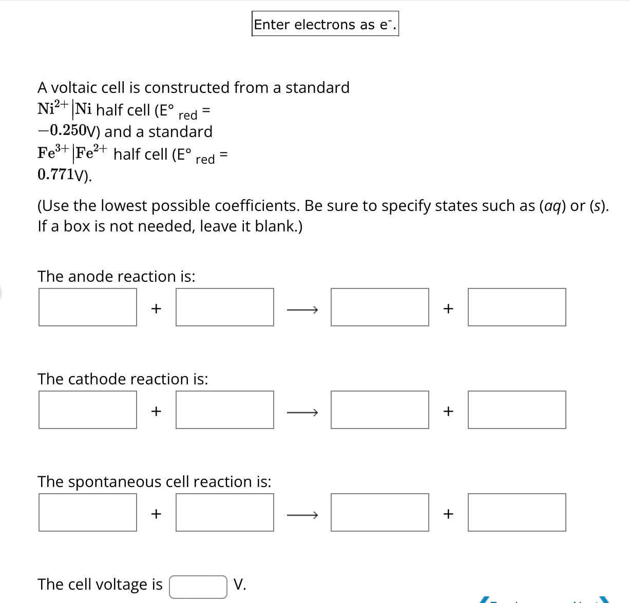 Solved Enter electrons as e-.A voltaic cell is constructed | Chegg.com