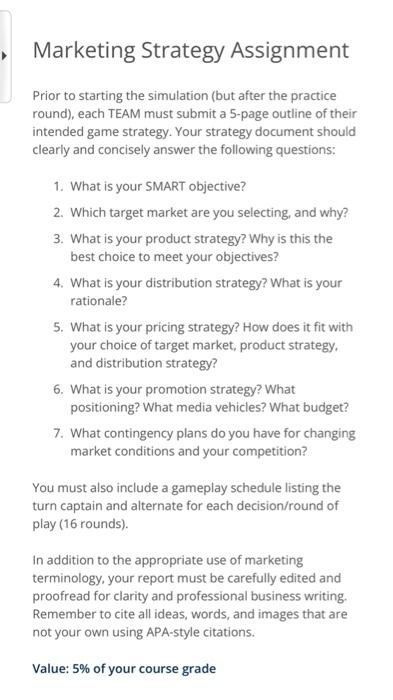 Solved Marketing Strategy Assignment Prior to starting the | Chegg.com