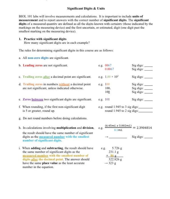 Solved Significant Digits \& Units BIOL 101 labs will | Chegg.com