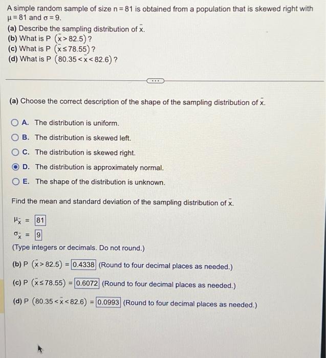 Solved A simple random sample of size n=81 is obtained from | Chegg.com