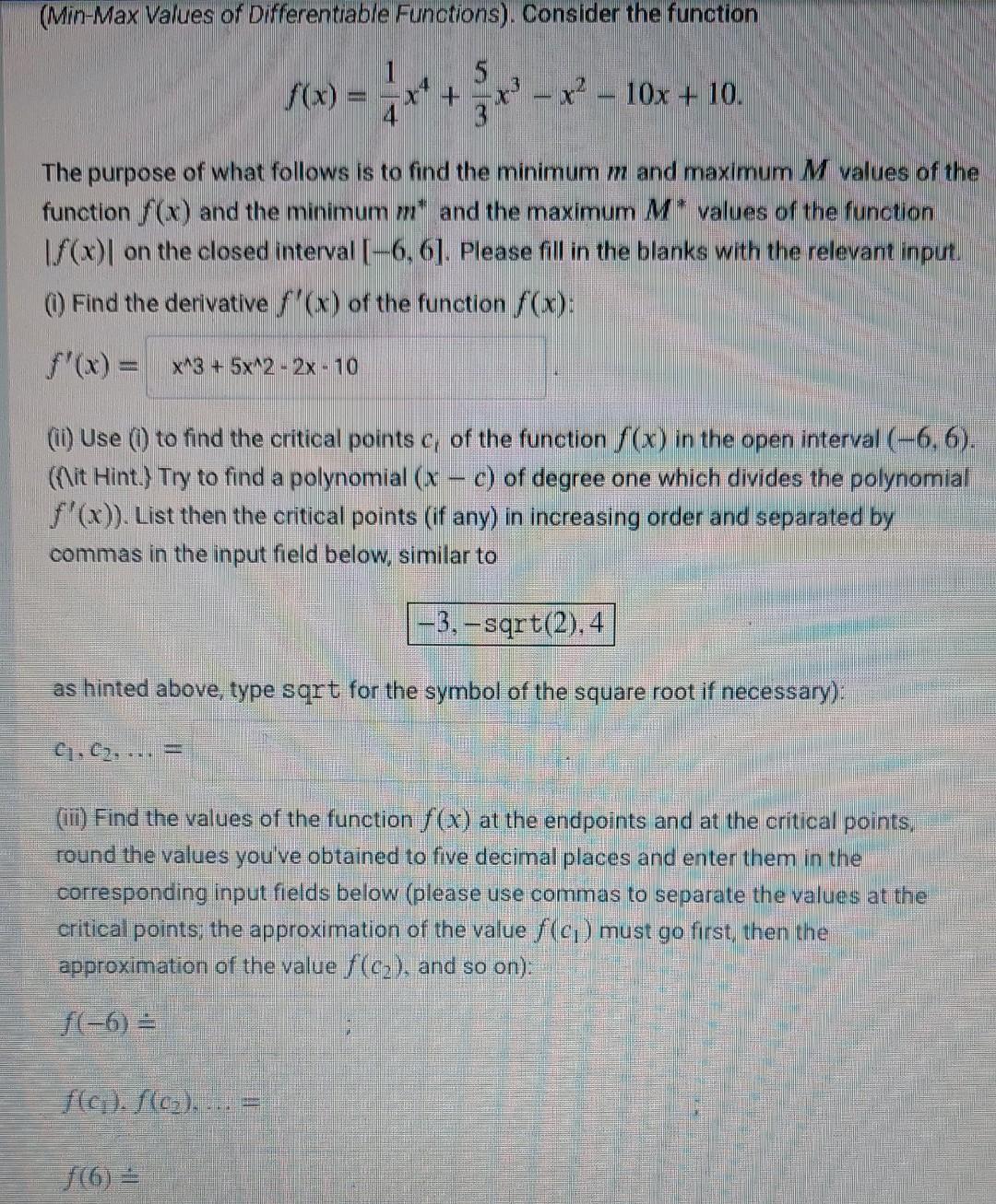 Solved (Min-Max Values of Differentiable Functions). | Chegg.com