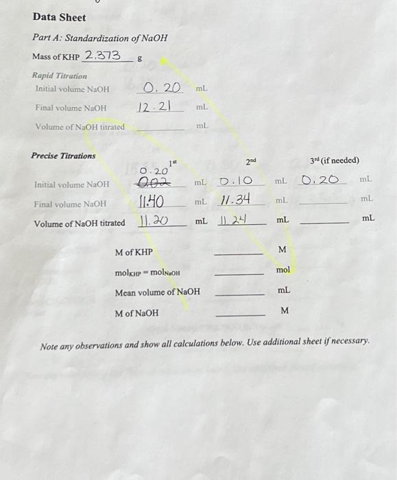 Solved Data Sheet Part A: Standardization of NaOH Mass of | Chegg.com