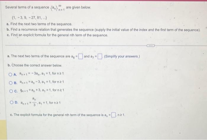 Solved Several terms of a sequence {an}n=1∞ are given below. | Chegg.com