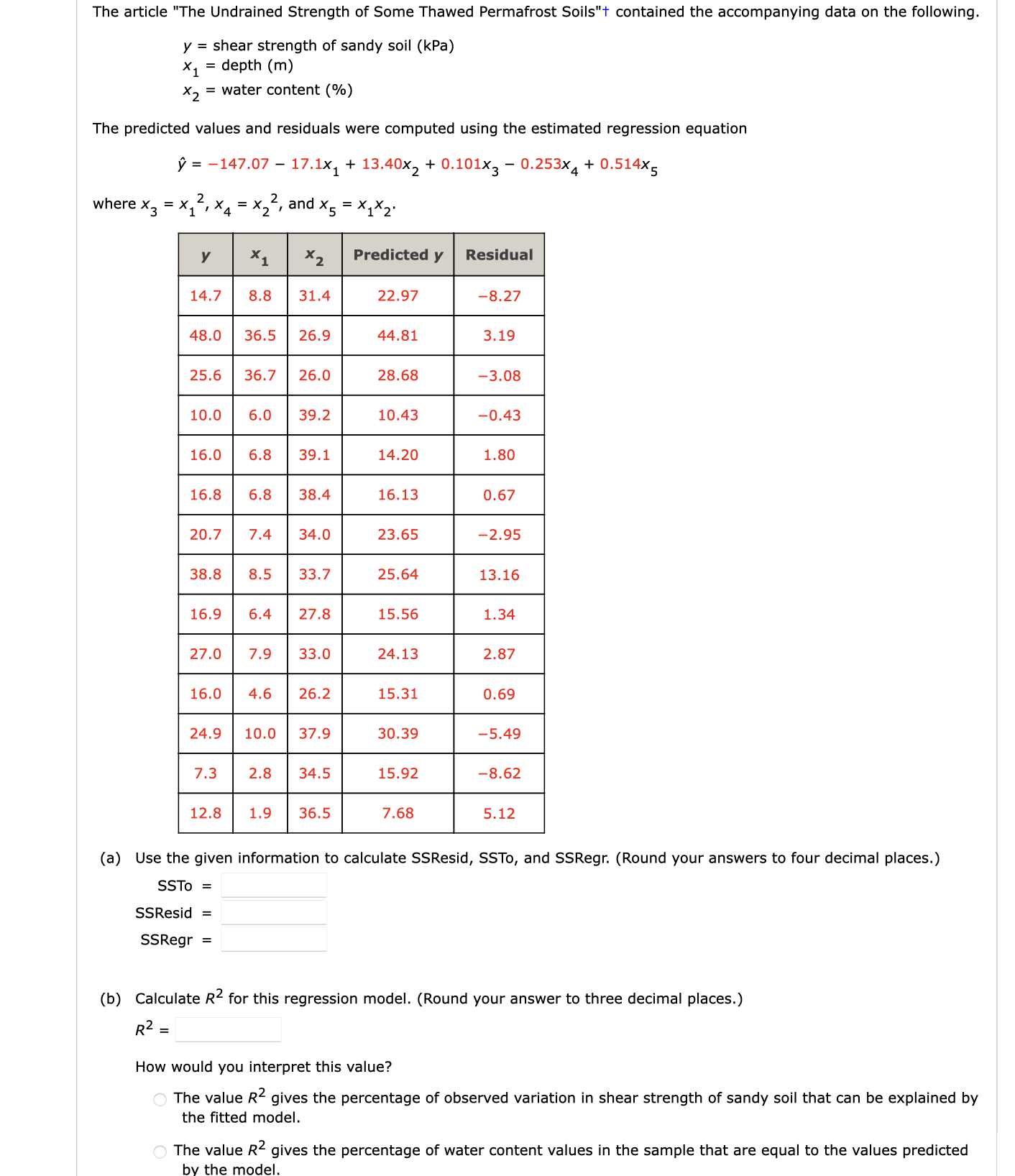 Solved (a) ﻿Use the given information to calculate SSResid, | Chegg.com