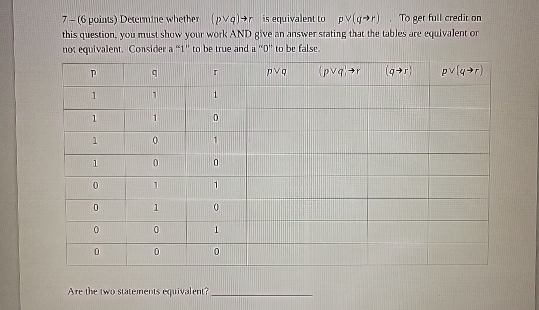 Solved 7- (6 ﻿points) ﻿Determine whether (pvvq)→r ﻿is | Chegg.com