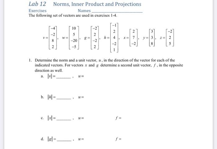 Solved Lab 12 Norms, Inner Product and Projections Exercises | Chegg.com