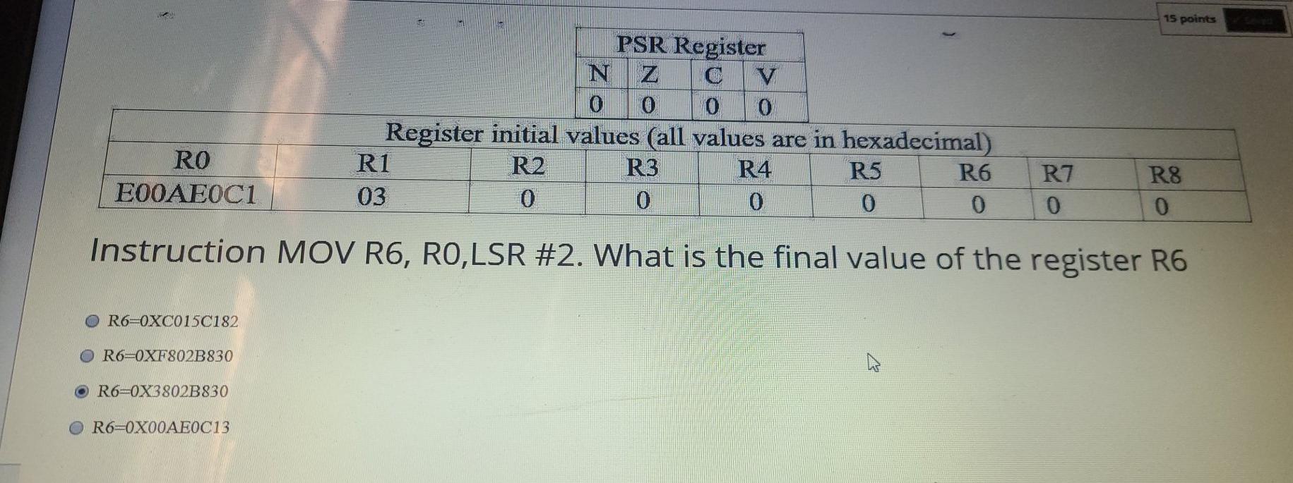 Solved 15 points PSR Register N Z CV 0 0 0 Register initial | Chegg.com