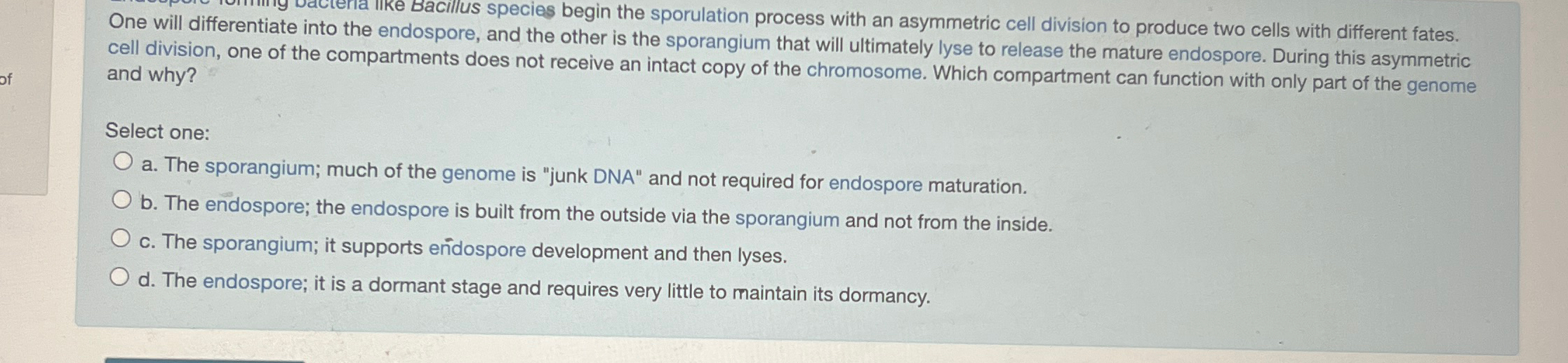 Solved cell division, one of the comper endospore, and the | Chegg.com