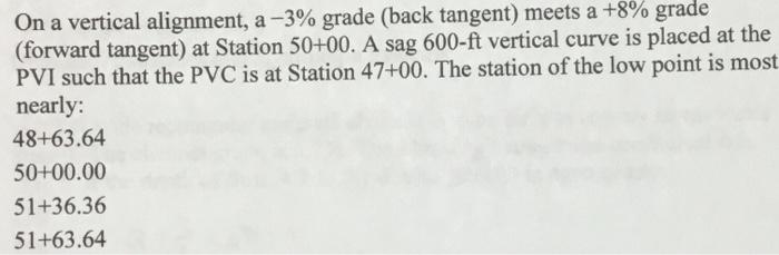 Solved On a vertical alignment, a−3% grade (back tangent) | Chegg.com