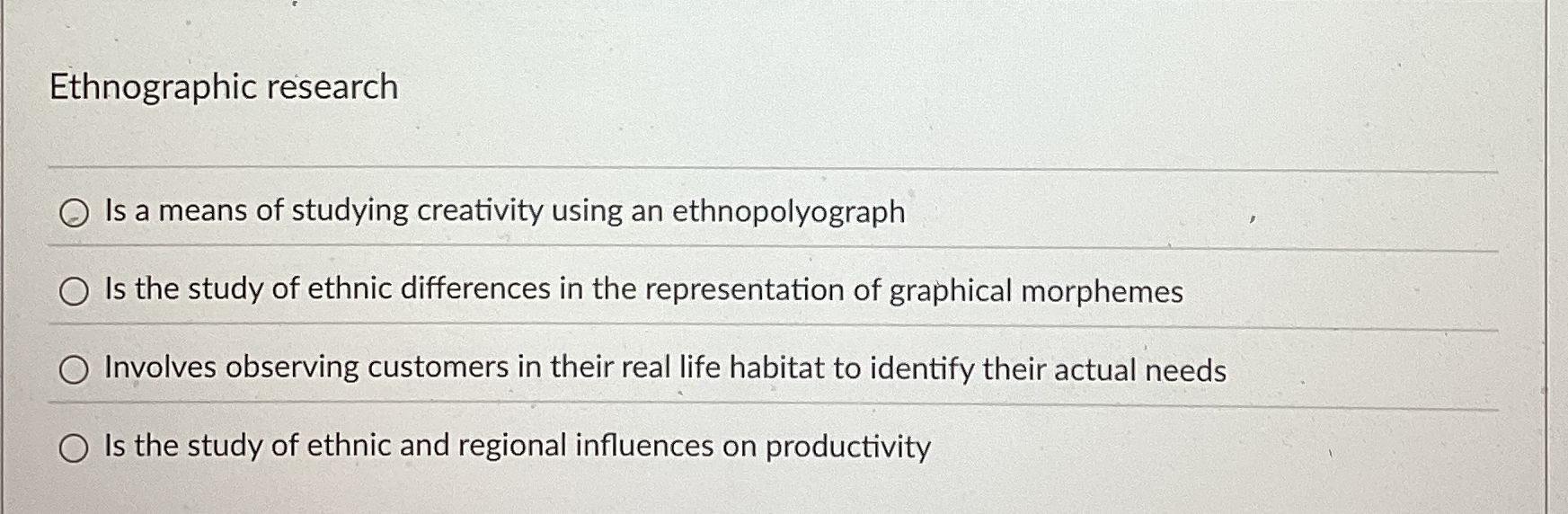 Solved Ethnographic researchIs a means of studying | Chegg.com