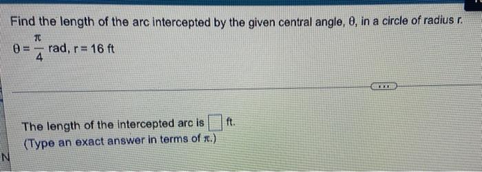 Solved find the length of the arc intercepted by the given | Chegg.com