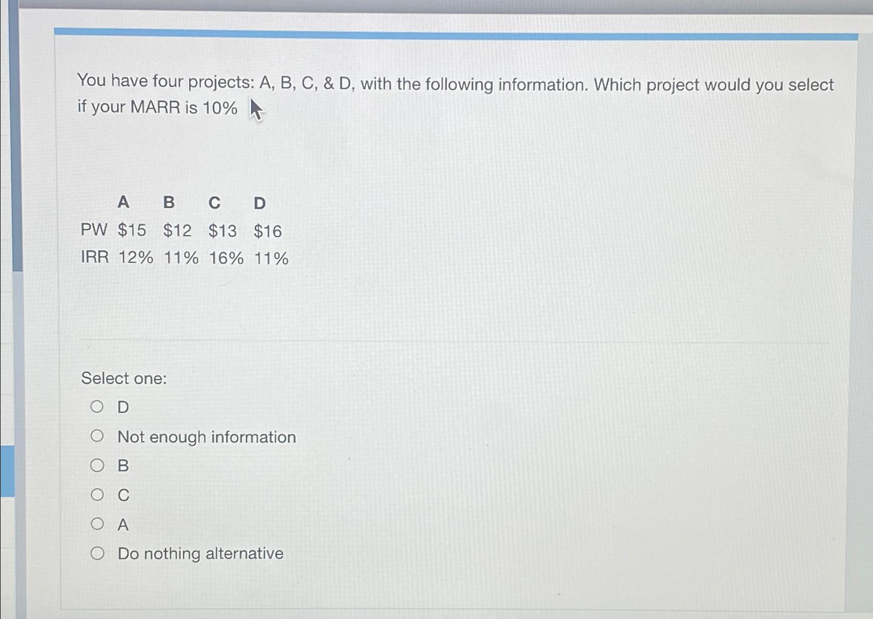 Solved You have four projects: A, ﻿B, ﻿C, ﻿& D, ﻿with the | Chegg.com