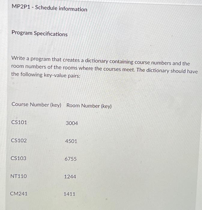 Solved MP2P1 - Schedule information Program Specifications | Chegg.com