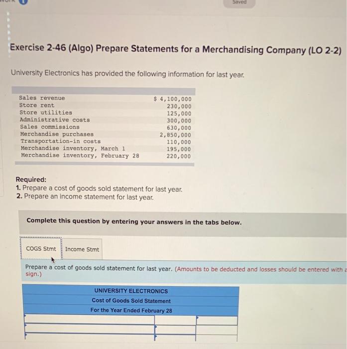 Solved Saved Exercise 2-46 (Algo) Prepare Statements for a | Chegg.com