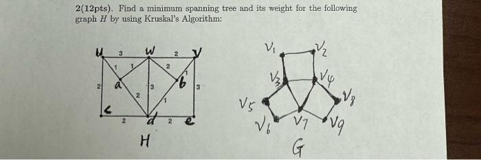 Solved 2(12pts). Find a minimum spanning tree and its weight | Chegg.com