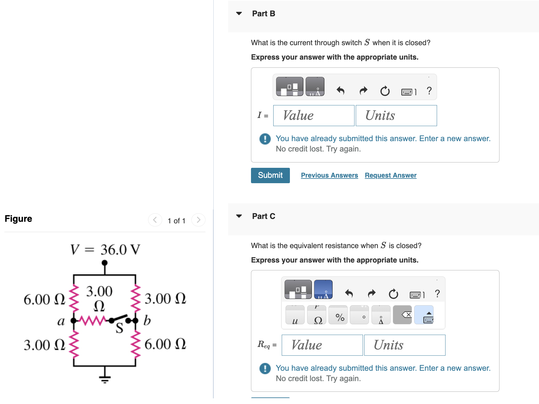 Solved Part B What is the current through switch \( ﻿S \) | Chegg.com