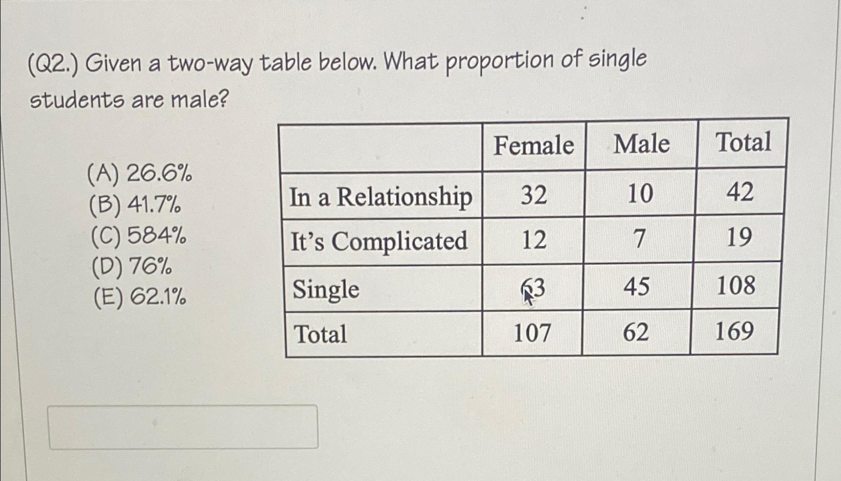 Solved (Q2.) ﻿Given a two-way table below. What proportion | Chegg.com