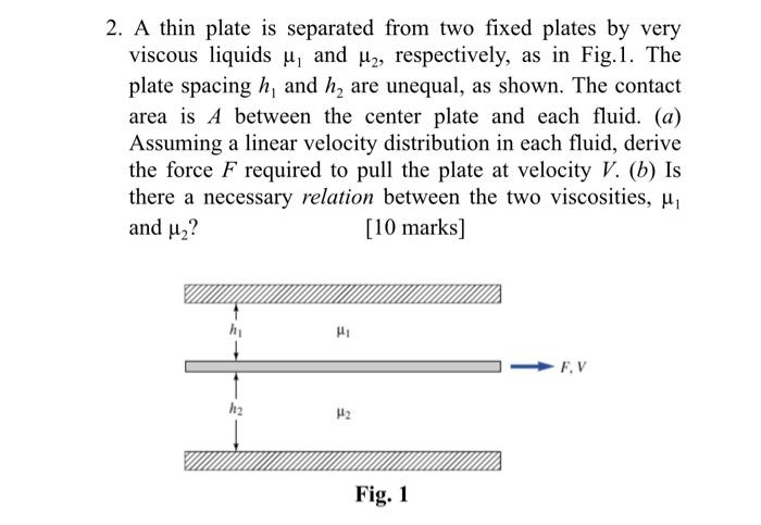 Solved 2. A thin plate is separated from two fixed plates by | Chegg.com