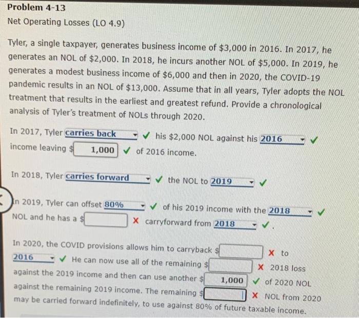 Solved Problem 4 13 Net Operating Losses LO 4 9 Tyler A Chegg