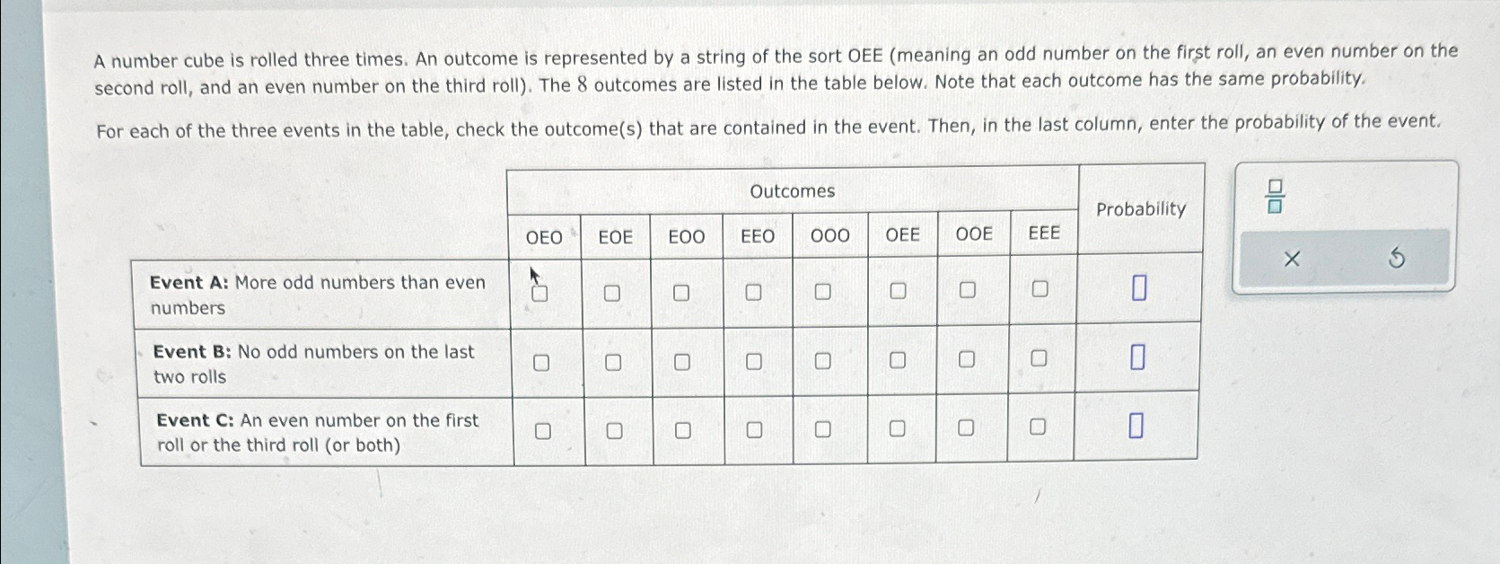 Solved A number cube is rolled three times. An outcome is | Chegg.com