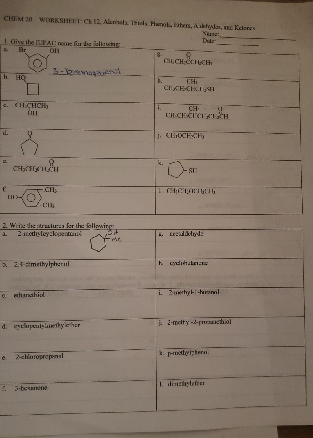 Solved CHEM 20 WORKSHEET: Ch 12, Alcohols, Thiols, Phenols, | Chegg.com