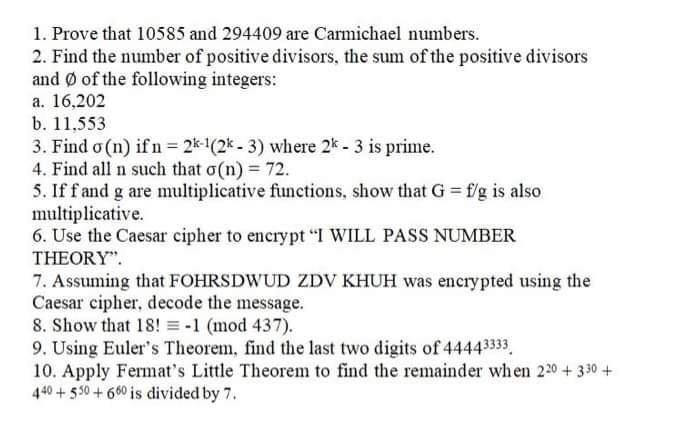 Solved 1. Prove that 10585 and 294409 are Carmichael | Chegg.com