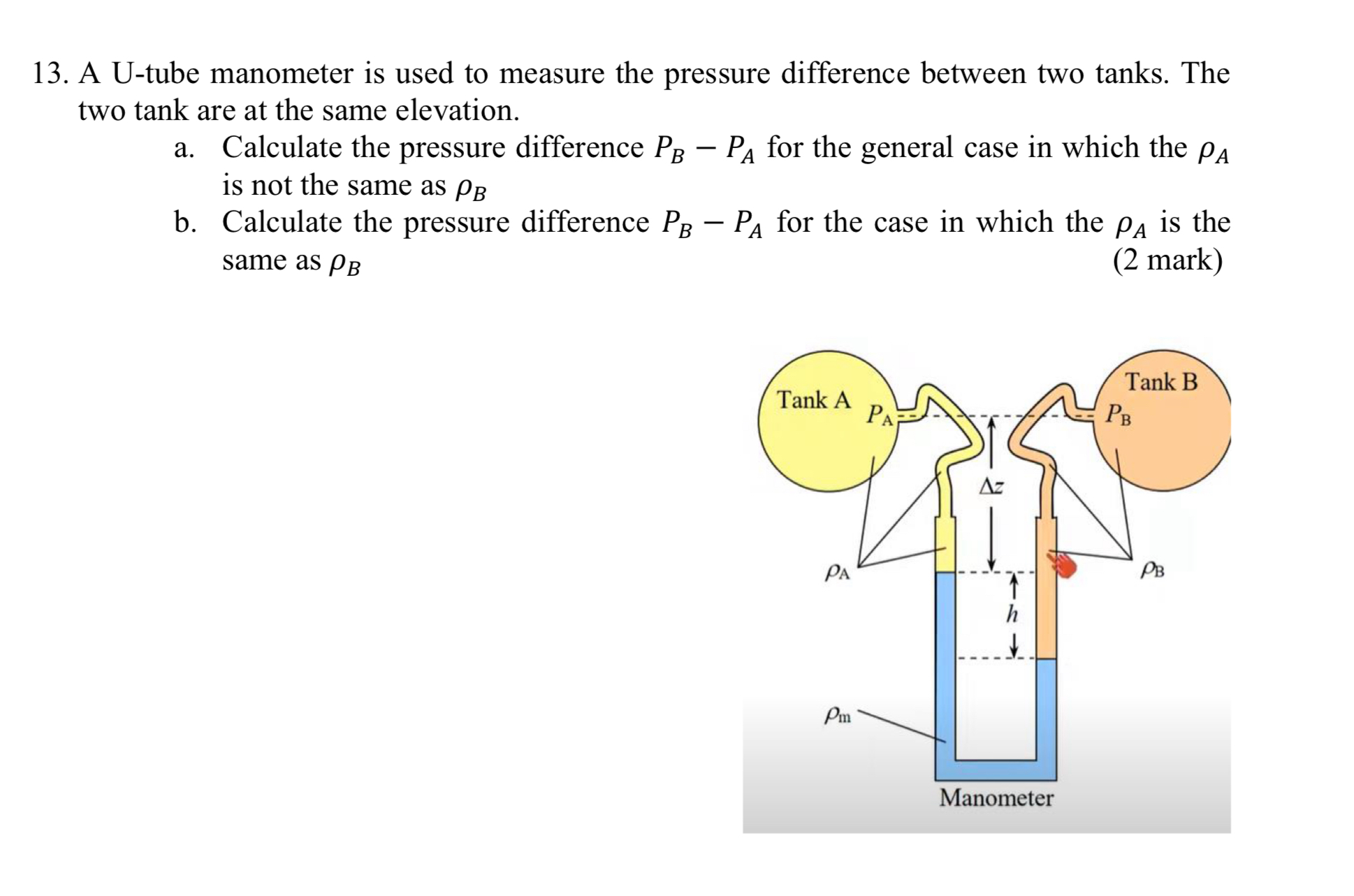 Solved A U-tube manometer is used to measure the pressure | Chegg.com
