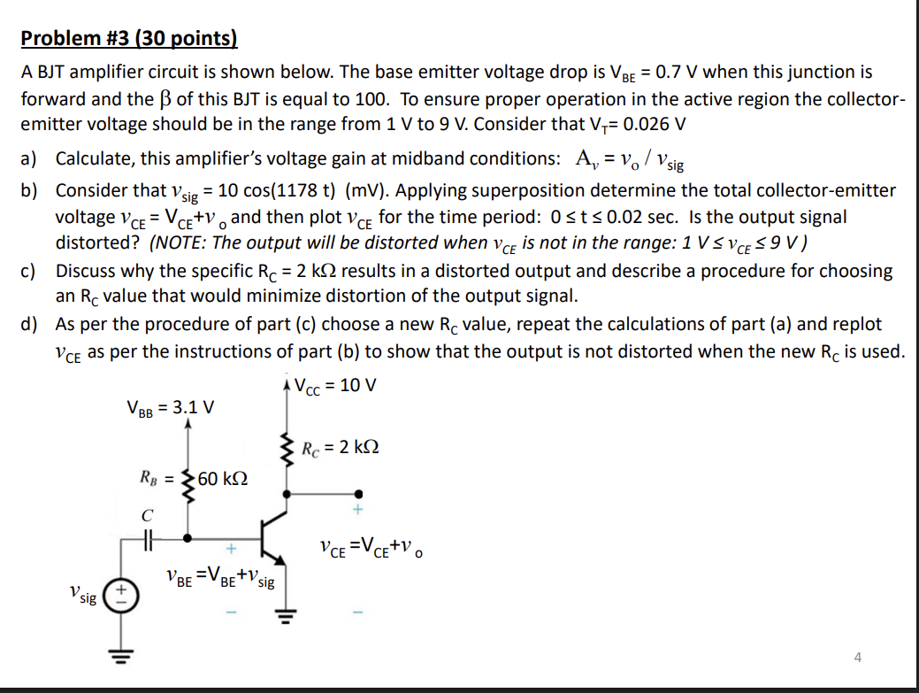 Problem #3 ( 30 ﻿points)A BJT ﻿amplifier circuit is | Chegg.com