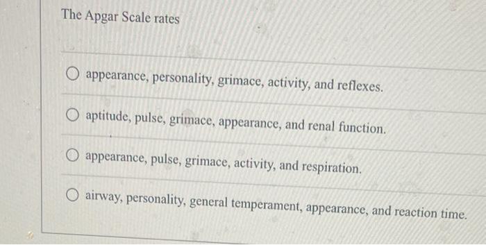 Solved The Apgar Scale rates appearance, personality, | Chegg.com