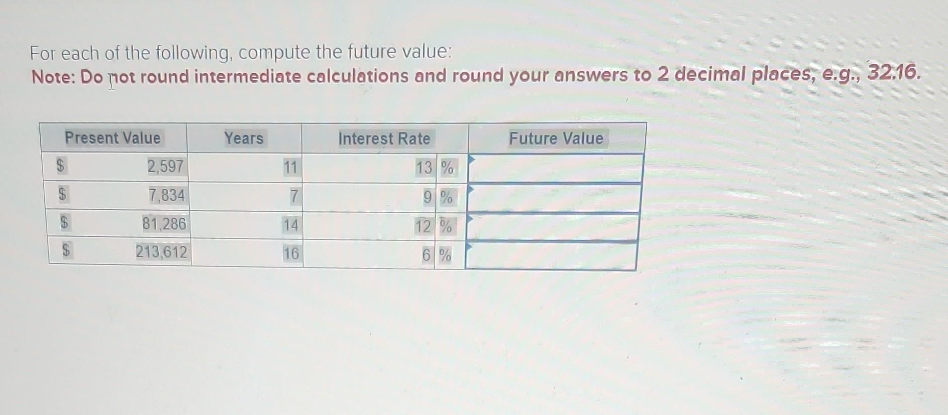 Solved For each of the following, compute the future value: | Chegg.com