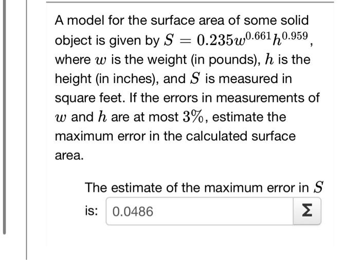 Solved A model for the surface area of some solid object is | Chegg.com