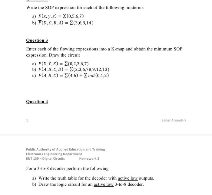 Solved Write the SOP expression for each of the following | Chegg.com