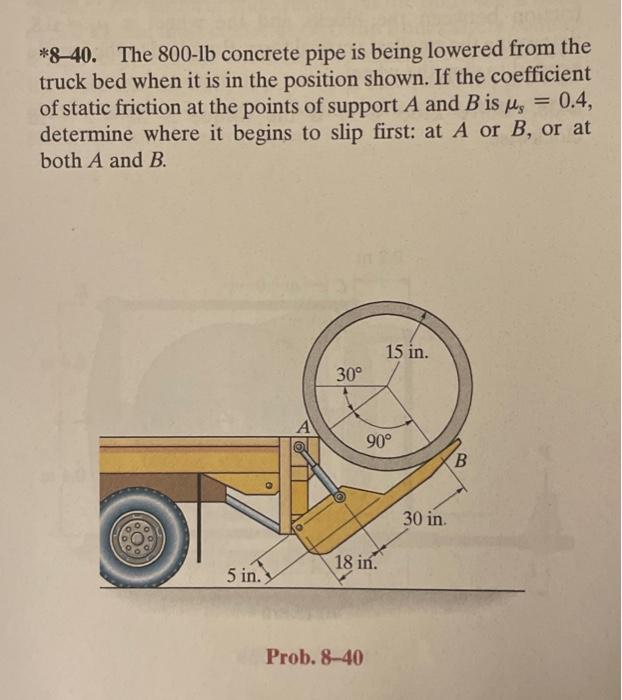 Solved *8-40. The 800-lb concrete pipe is being lowered from | Chegg.com