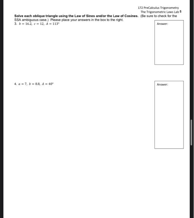 Solved 172 PreCalculus Trigonometry The Trigonometric Laws | Chegg.com