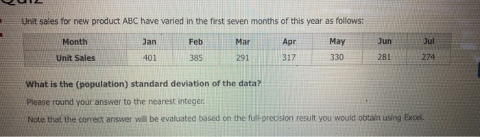 Solved Unit sales for new product ABC have varied in the | Chegg.com