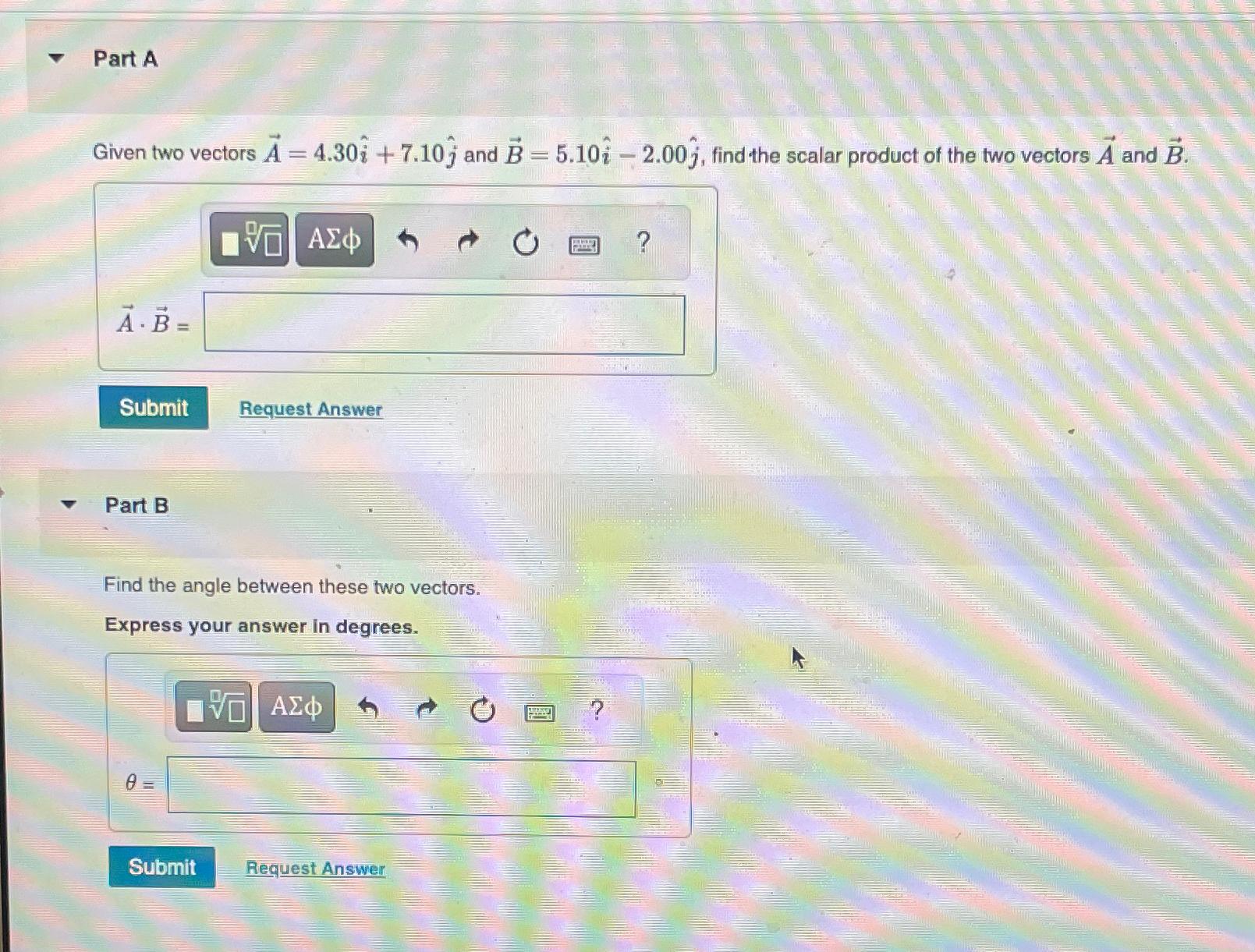Solved Part AGiven two vectors vec(A)=4.30hat(i)+7.10hat(j) | Chegg.com