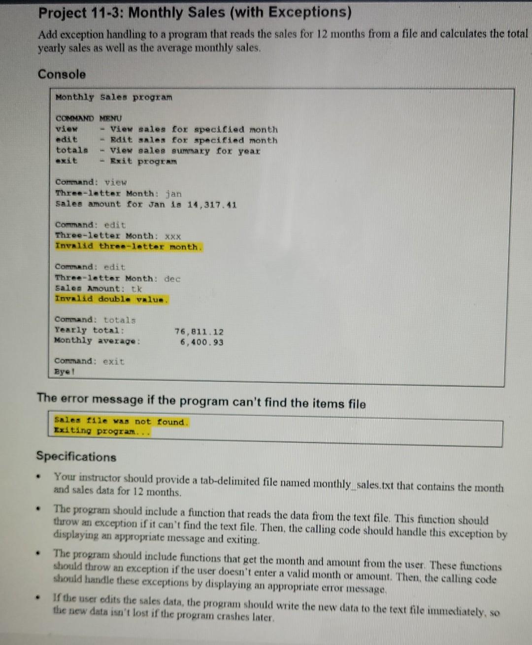 Solved Project 11-3: Monthly Sales (with Exceptions) Add | Chegg.com