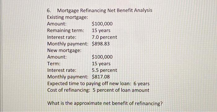 Solved 6. Mortgage Refinancing Net Benefit Analysis Existing | Chegg.com