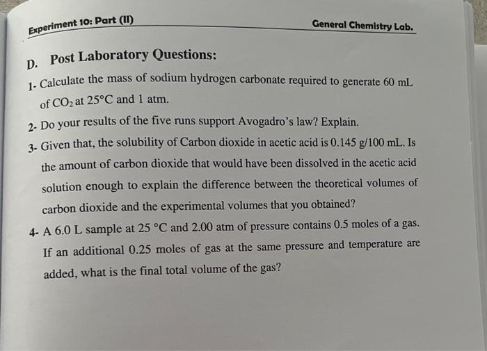 Solved D. Post Laboratory Questions: 1. Calculate the mass | Chegg.com