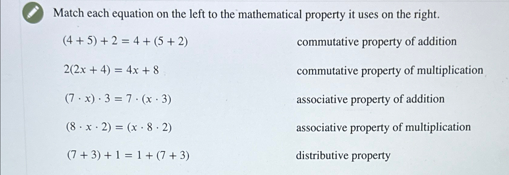Solved Match each equation on the left to the mathematical | Chegg.com