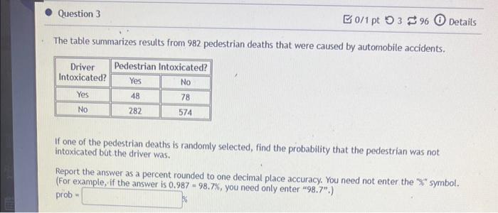 Solved The table summarizes results from 982 pedestrian | Chegg.com