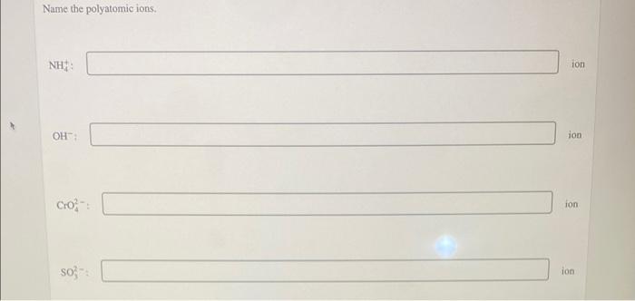 Solved Name the polyatomic ions. NH ion ОН: jon Cro ion so | Chegg.com
