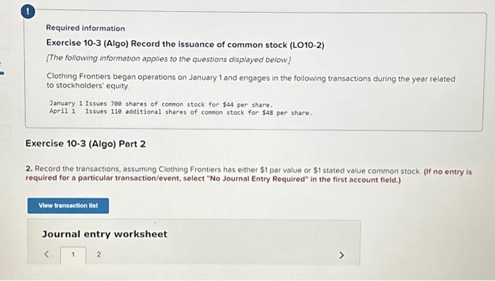 Solved Required information Exercise 10-3 (Algo) Record the | Chegg.com