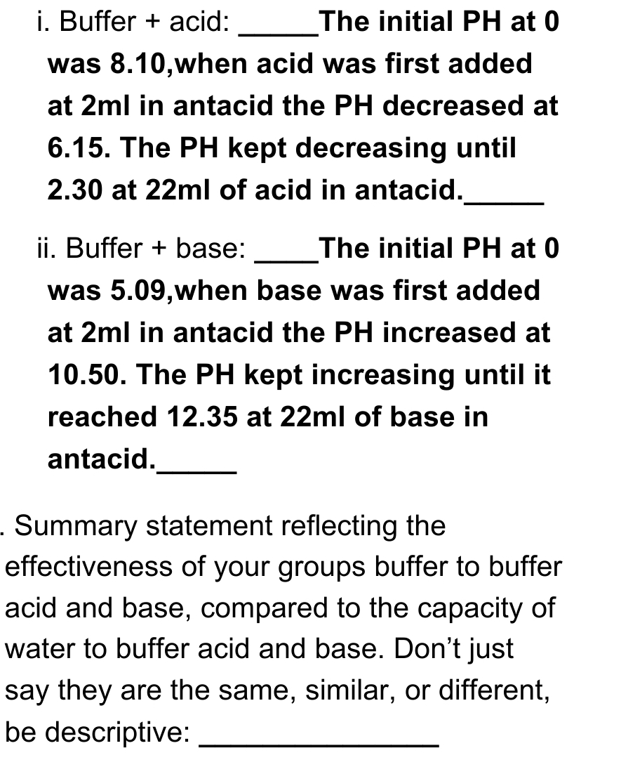 Solved i. ﻿Buffer + ﻿acid:The initial PH at 0 ﻿was 8.10 , | Chegg.com